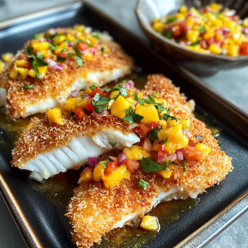 Crispy Coconut Crusted Fish with Mango Salsa - EasyYums
