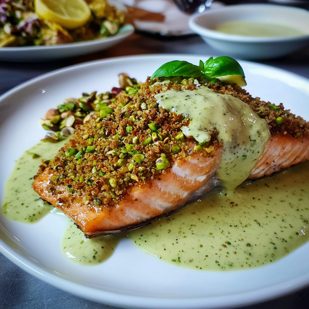 Crispy Pistachio Crusted Salmon with Zesty Lemon Basil Sauce - EasyYums