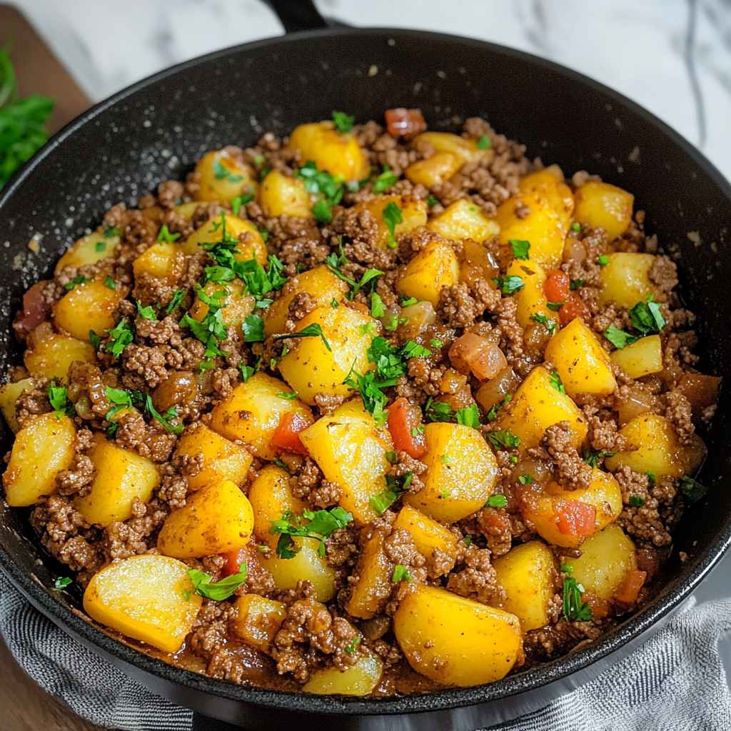 Easy Ground Beef and Potatoes Skillet Recipe - EasyYums
